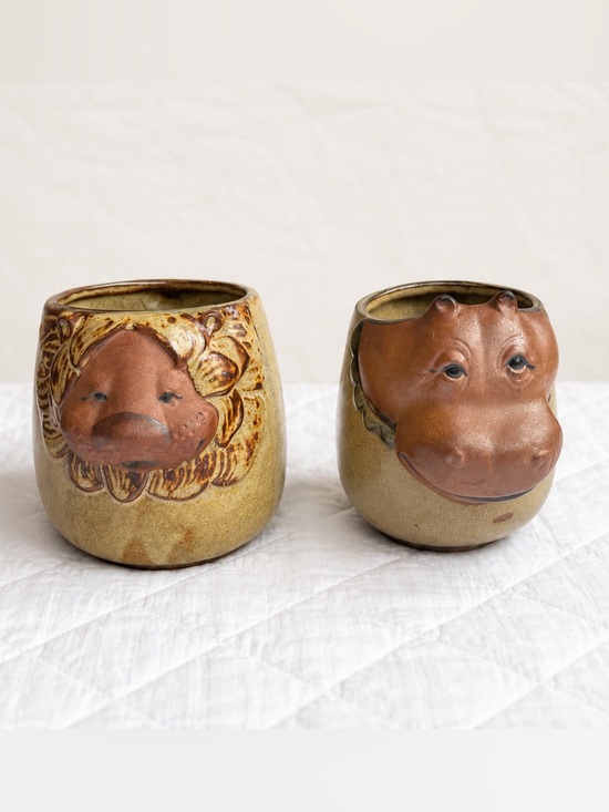 House Hippo | Art | Vintage Handmade Pottery Animal Face Mugs Lion ...